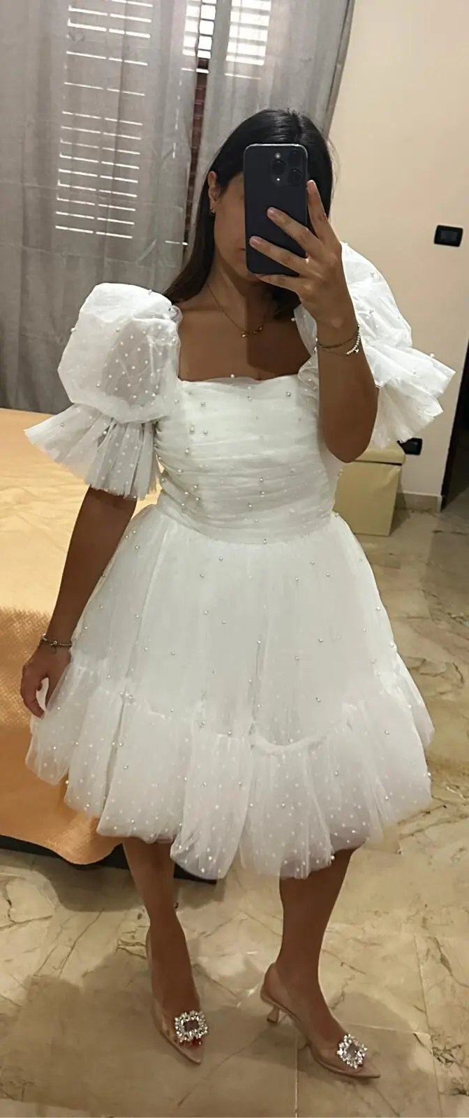 Pearl Short Reception Wedding Dresses With Bubble Sleeves - Missacc