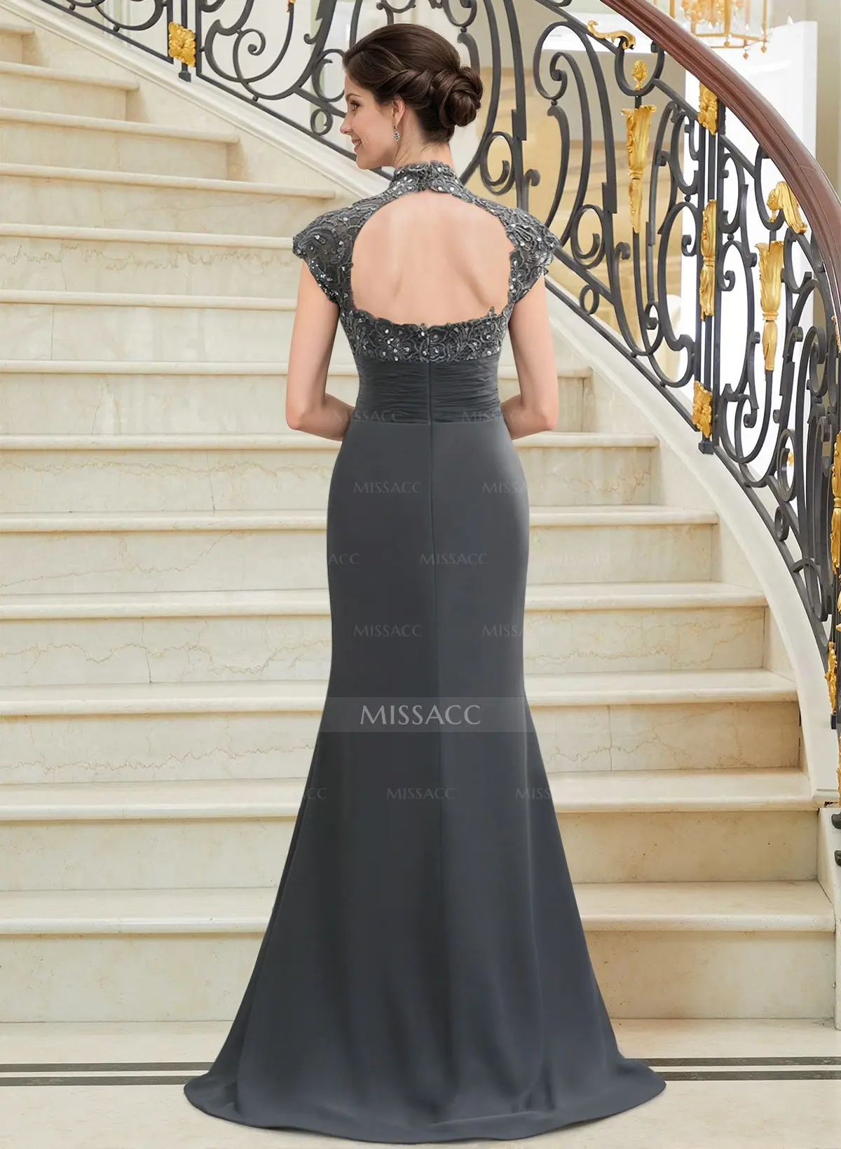 Sheath/Column High Neck Sweep Train Chiffon Cascading Ruffles Mother Of ...