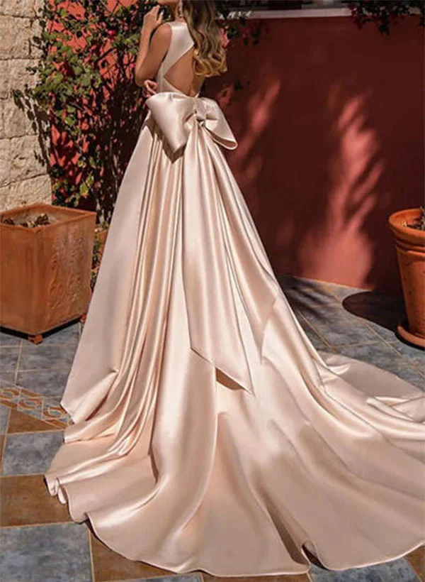A-Line Square Neckline Court Train Satin Prom Dresses With Bowknot ...