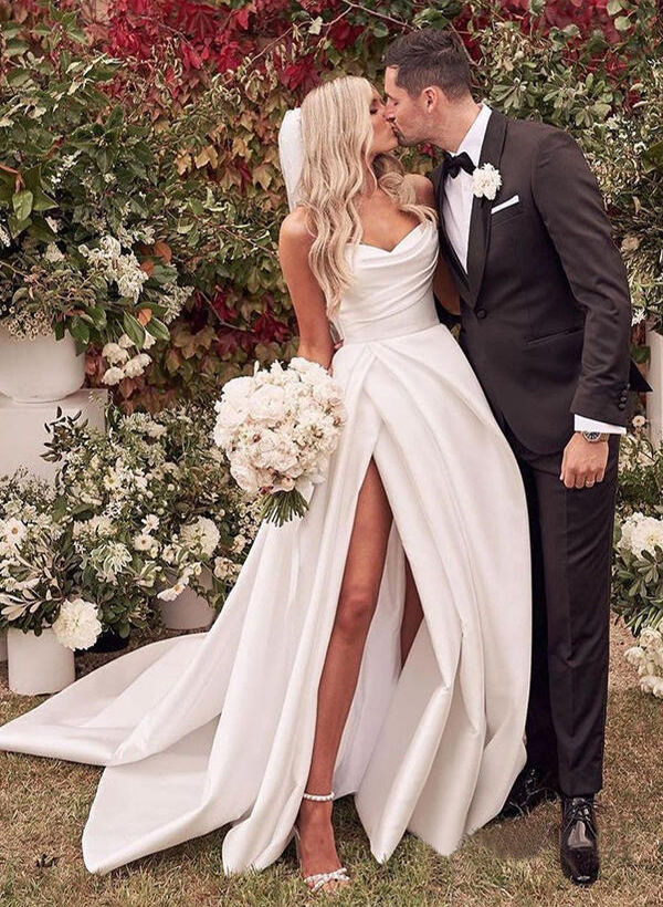 A-Line Sweetheart Satin Sweep Train Wedding Dresses With Split Front ...