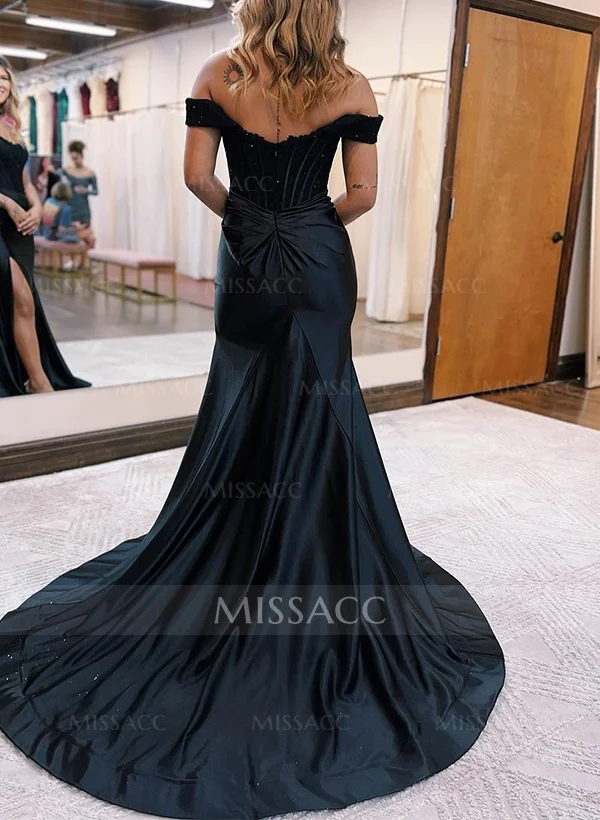 Sheath/Column Off-The-Shoulder Silk Like Satin Prom Dresses With Split ...