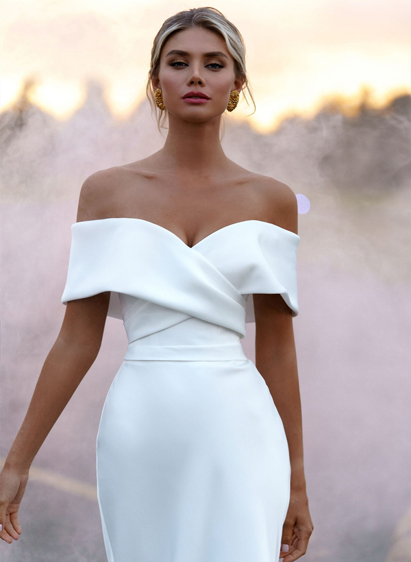 Off-the-Shoulder Boho Reception Wedding Dress With Satin Sweep Train ...