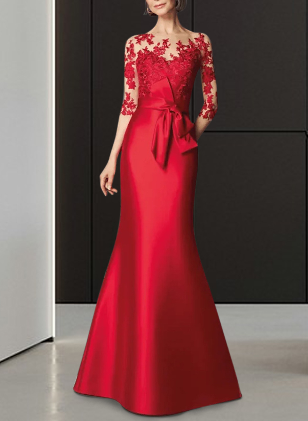 Sheath Illusion Neck 3/4 Sleeves Floor-Length Lace/Satin Mother Of The ...