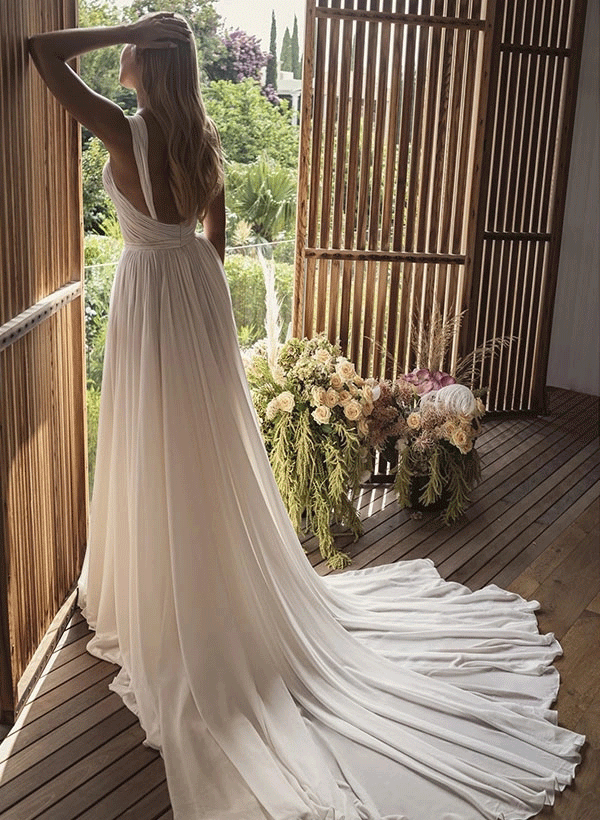 A-Line Sweep Train Chiffon Wedding Dress With Split Front - Missacc
