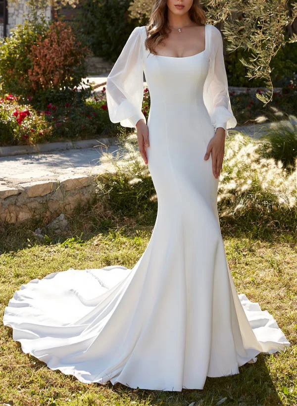 Trumpet/Mermaid Square Neckline Long Sleeve Sweep Train Wedding Dress ...