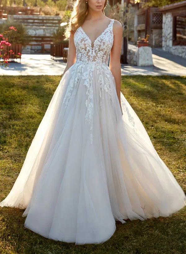 A-Line V-Neck Sweep Train Tulle Wedding Dress With Lace - Missacc