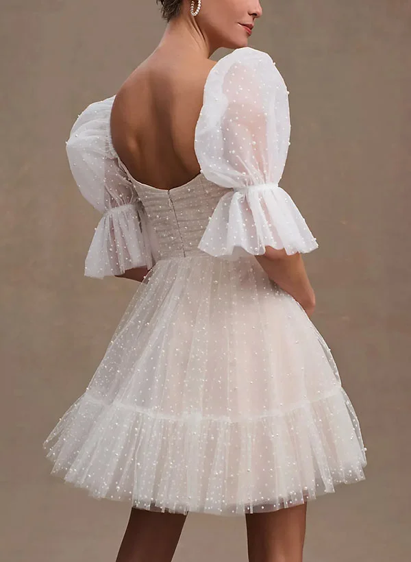 Pearl Short Reception Wedding Dresses With Bubble Sleeves - Missacc
