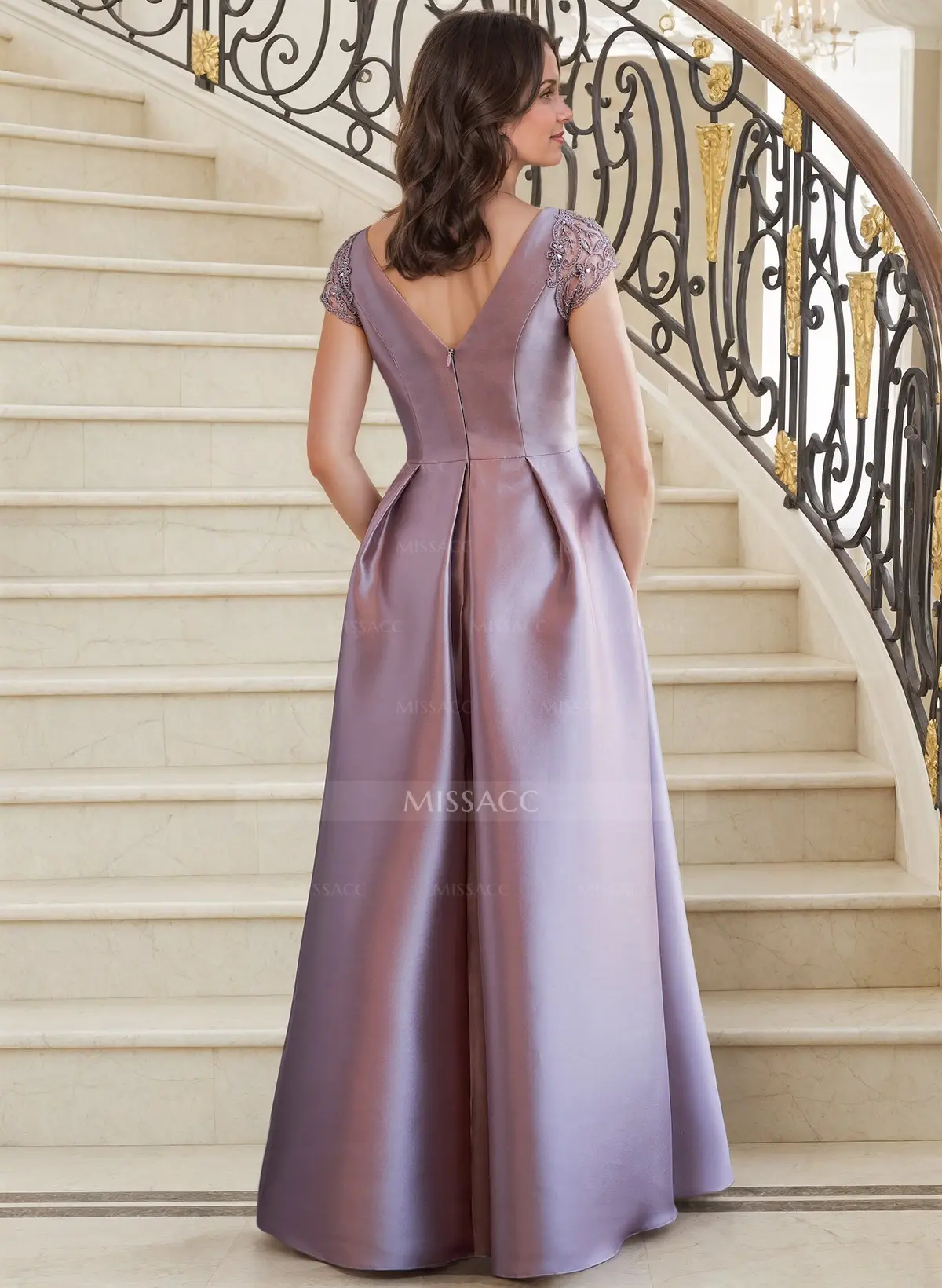 A-Line V-Neck Satin Mother Of The Bride Dresses With Pockets/Pleated ...