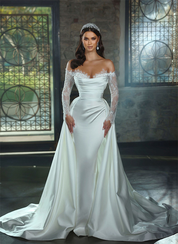 A-Line Off-the-Shoulder Long Sleeves Satin Wedding Dresses With ...