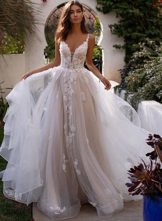 Princess Lace V-neck Backless Wedding Dresses With Cascading Ruffles ...