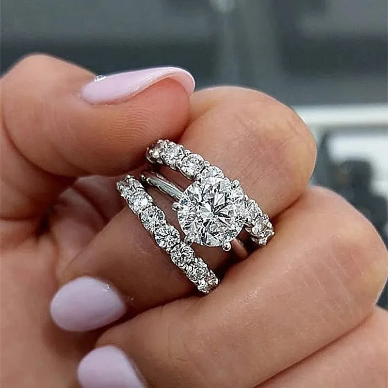 Classic Round Cut 3-Pieces Wedding Set In Sterling Silver - Missacc