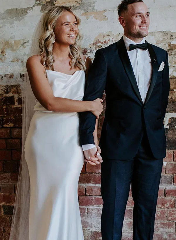 Sheath Square Neckline Sleeveless Sweep Train Silk Like Satin Wedding ...