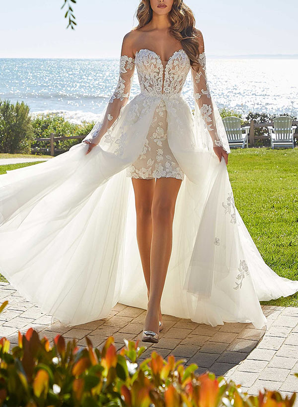 A-Line Sweetheart Long Sleeves Lace Wedding Dresses With Detachable ...