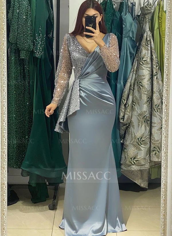 Sheath V Neck Long Sleeves Sweep Train Silk Like Satin Evening Dresses