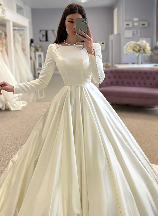 A-Line Scoop Neck Long Sleeves Sweep Train Satin Wedding Dresses - Missacc