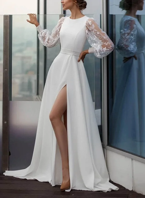 A-Line Scoop Neck Long Sleeves Wedding Dresses With Split Front - Missacc
