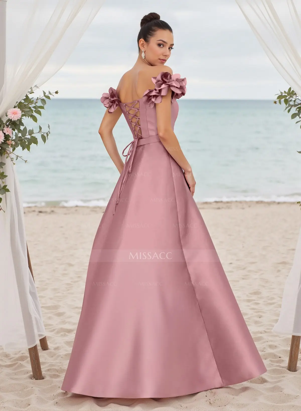 Unique Ruffle Flower(s) Off-The-Shoulder High Split A-Line Satin ...