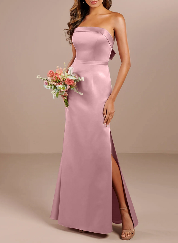A-Line Strapless Sleeveless Floor-Length Satin Bridesmaid Dresses With Bow(s) - Missacc