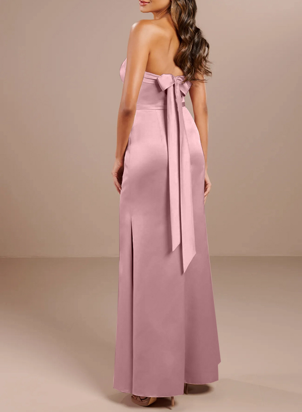 A-Line Strapless Sleeveless Floor-Length Satin Bridesmaid Dresses With Bow(s) - Missacc