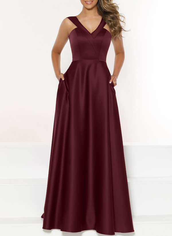 A-Line V-Neck Sleeveless Floor-Length Satin Bridesmaid Dresses - Missacc