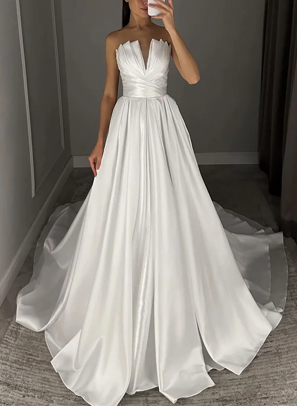 A-Line V-Neck Sleeveless Court Train Matte Satin Wedding Dresses - Missacc