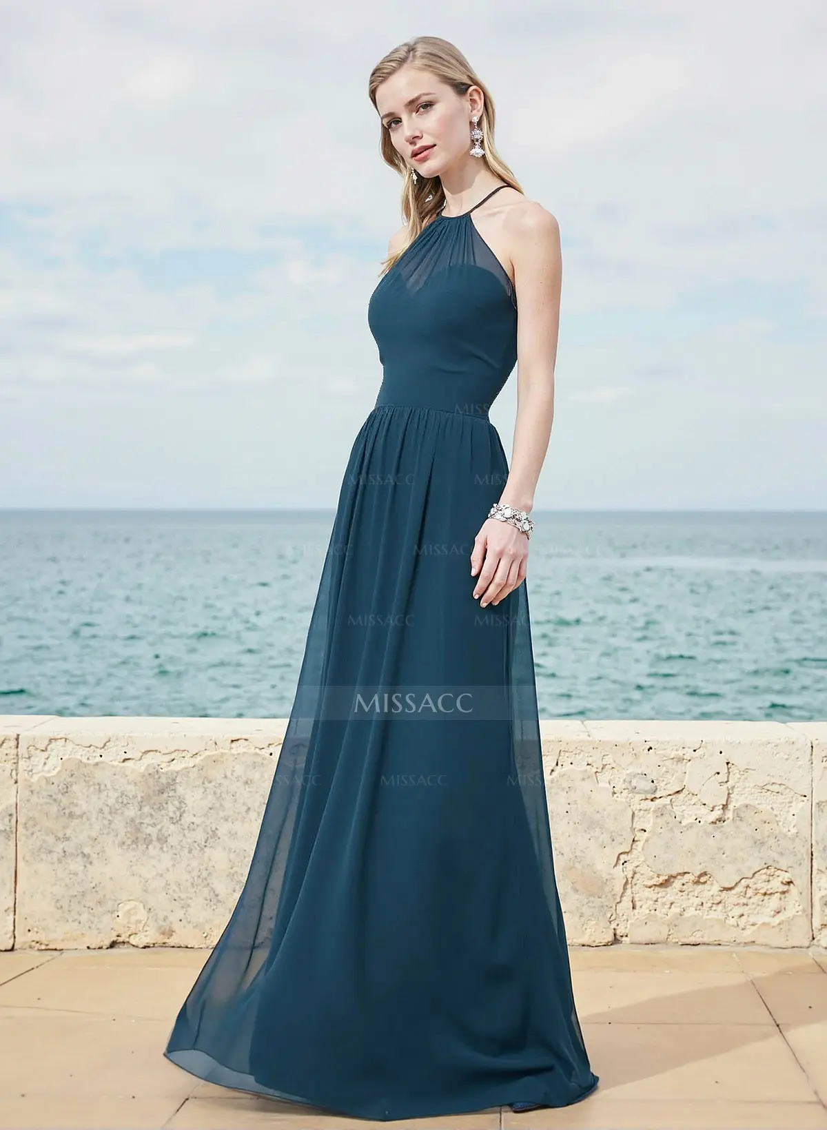 A-Line Halter Sleeveless Chiffon(Non-Stretch) Bridesmaid Dresses - Missacc