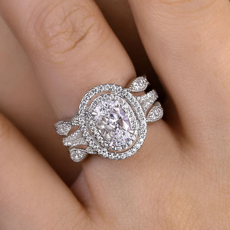 Gorgeous Double Halo Oval Cut Insert Wedding Ring Set In Sterling ...