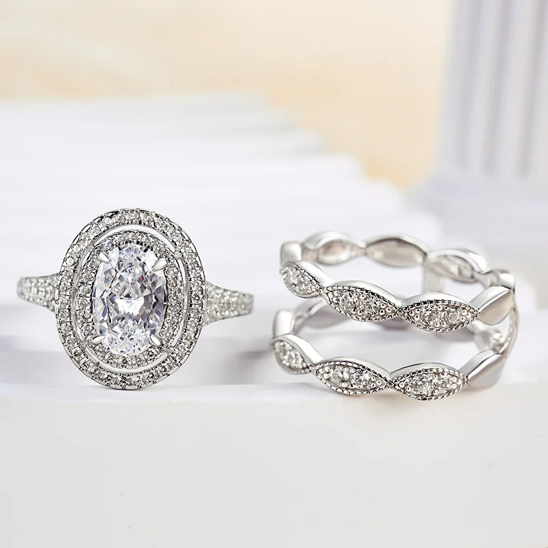 Gorgeous Double Halo Oval Cut Insert Wedding Ring Set In Sterling ...