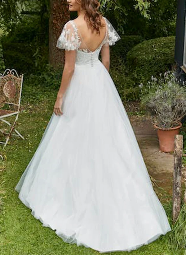 A-Line V-Neck Lace(Non-Stretch)/Tulle(Non-Stretch) Wedding Dress With ...