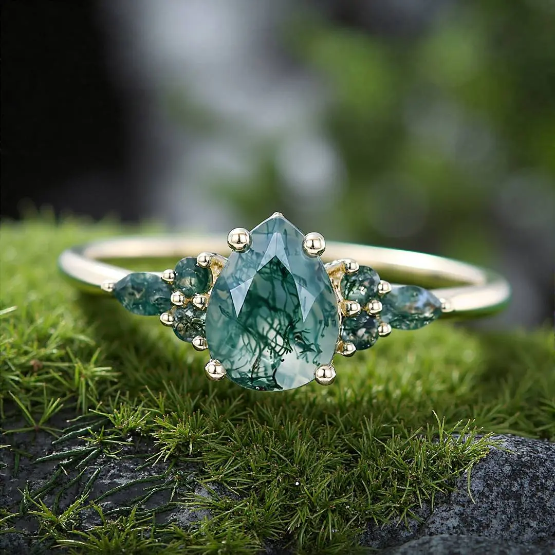 1CT Pear Cut Moss Agate Engagement Rings In Sterling Silver - Missacc