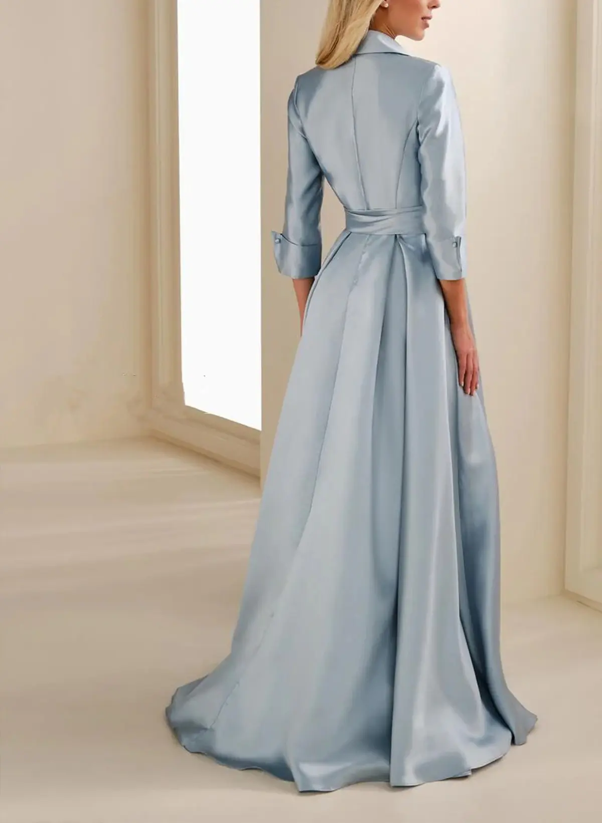 A-Line High Neck 3/4 Sleeves Floor-Length Matte Satin Evening Dresses ...