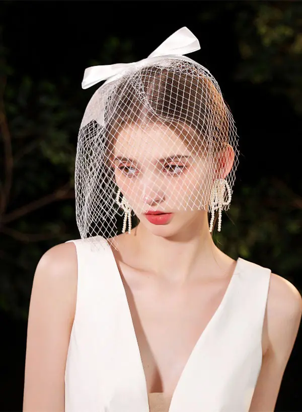 Bow Lattice Covered Bridal Birdcage Veil - Missacc