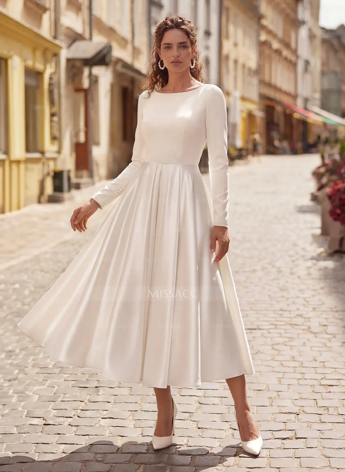 Elegant Scoop Neck Long Sleeves A-Line Tea-Length Matte Satin Wedding ...