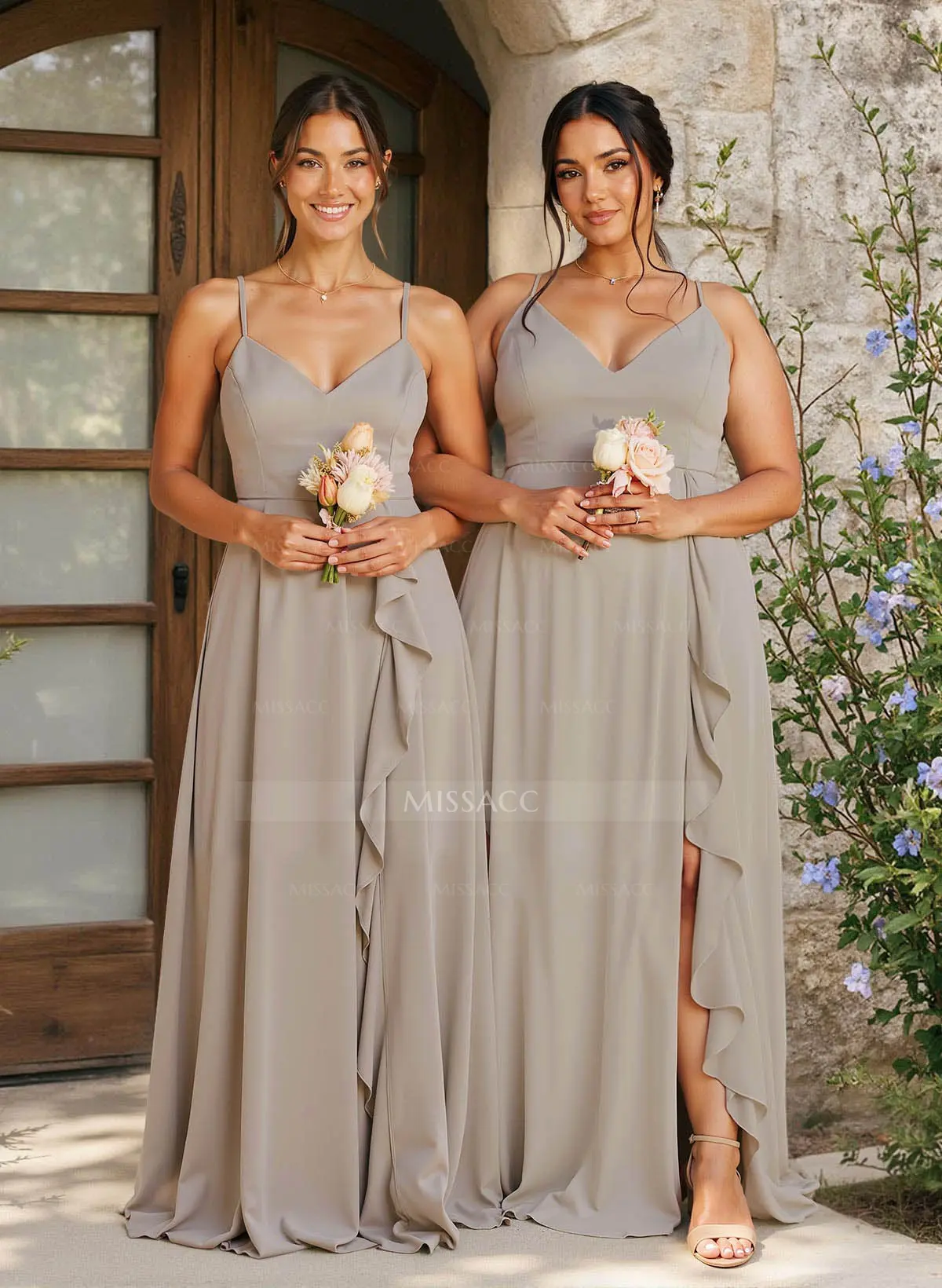 A-Line V-Neck Sleeveless Floor-Length Chiffon Bridesmaid Dresses With ...