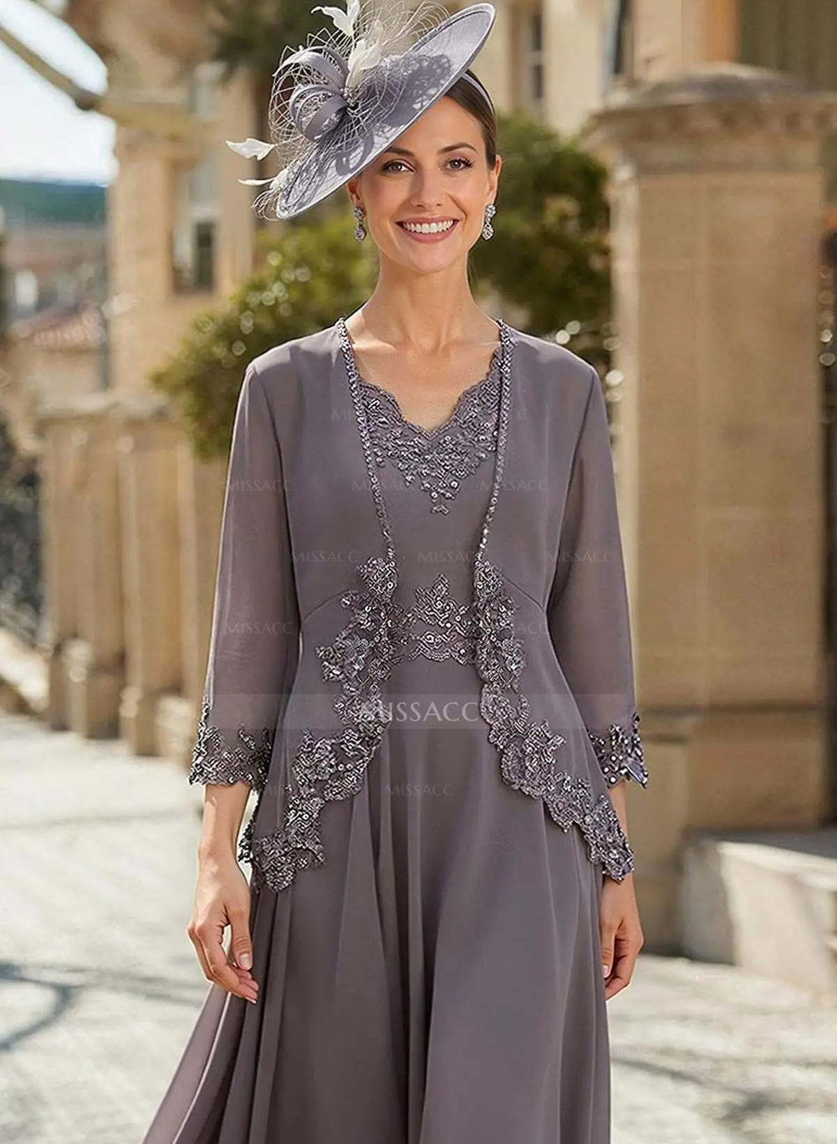 Open Front Chiffon Shawl With Lace - Missacc
