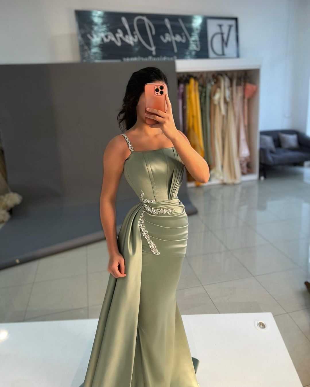 Sheath/Column Square Neckline Satin Prom Dresses With Rhinestone - Missacc